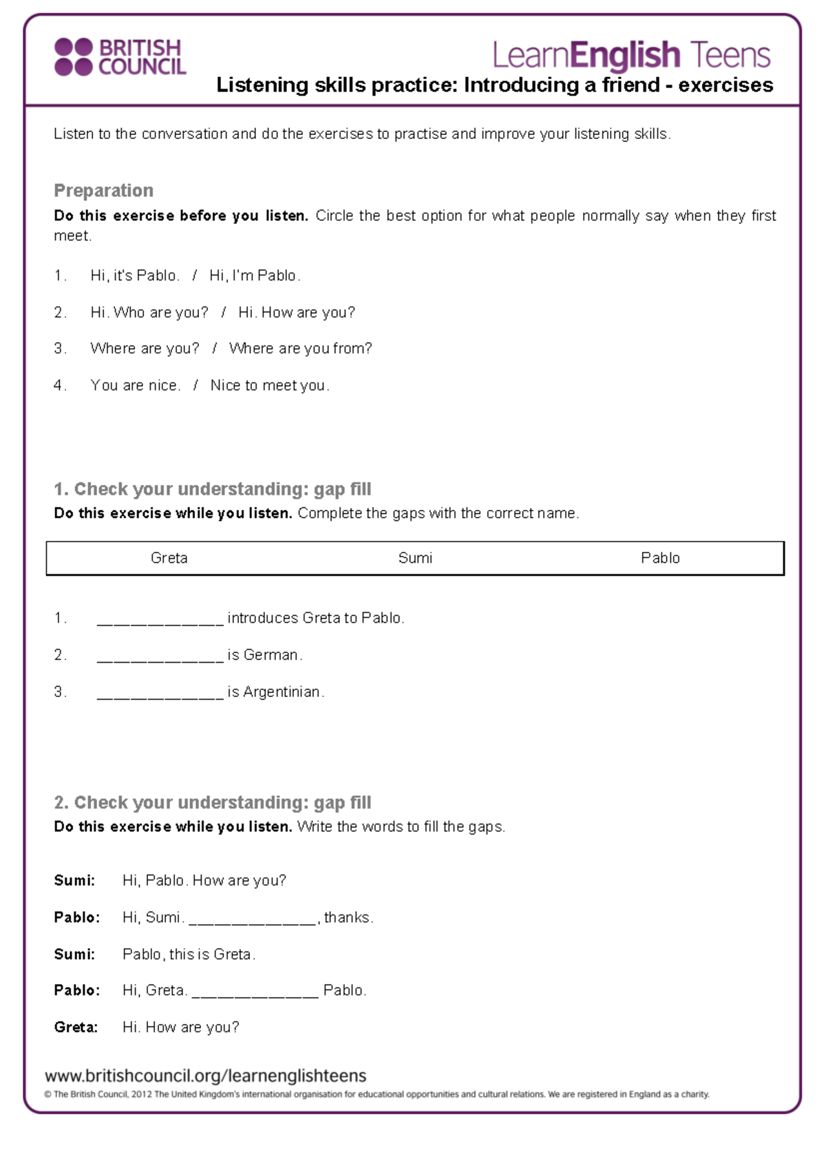 Introducing a Friend - Listening Exercises 2 for Improvement - Studocu