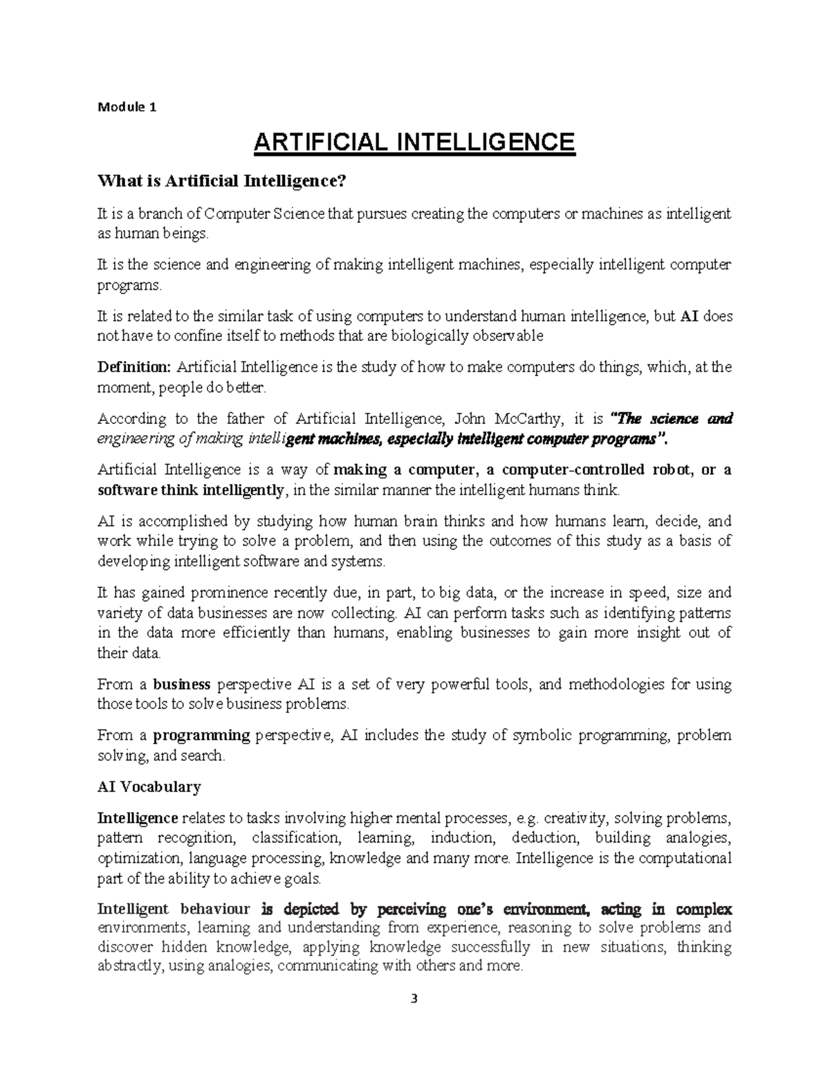 Module 1: Introduction to Artificial Intelligence Concepts - Studocu