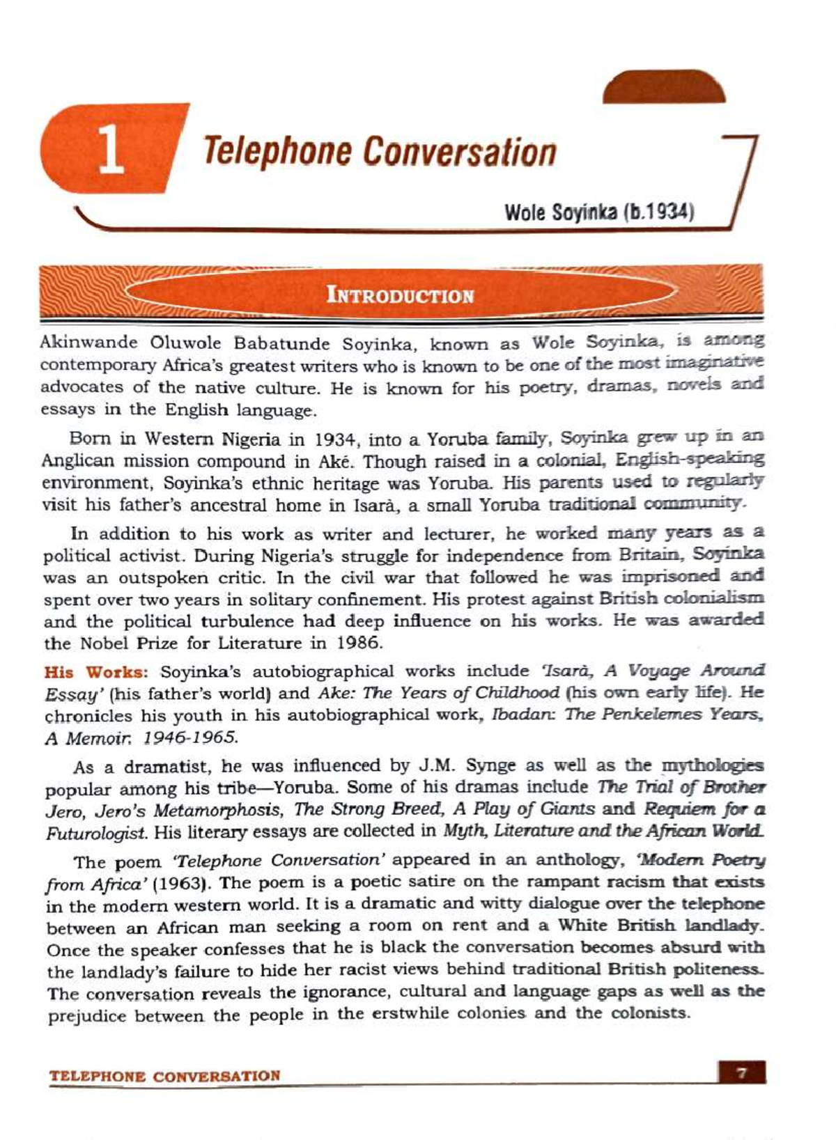 Telephone Conversation Analysis: Wole Soyinka's Poetic Satire - Studocu