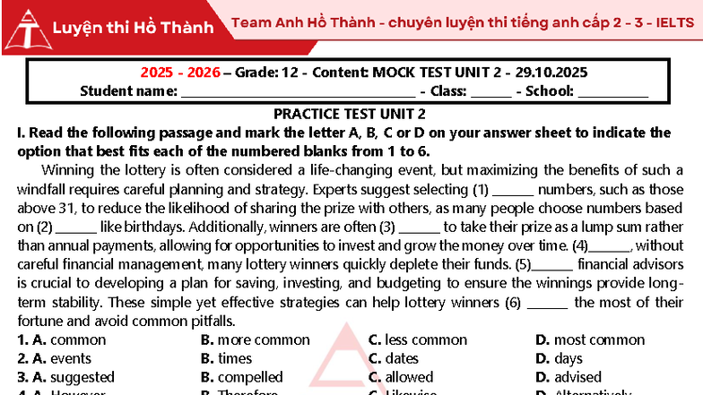 G12 MOCK TEST UNIT 2: Practice Questions and Answers - Studocu