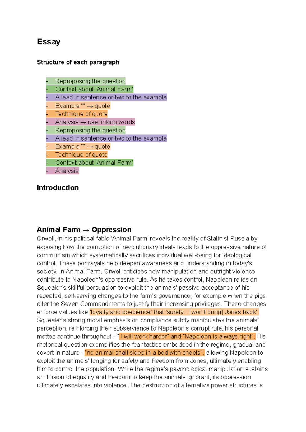 Animal Farm - Practice Essay Structure & Analysis - Studocu