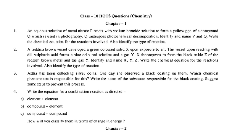 Chemistry HOTS Class 10: Chapter 1-3 Questions & Reactions - Studocu