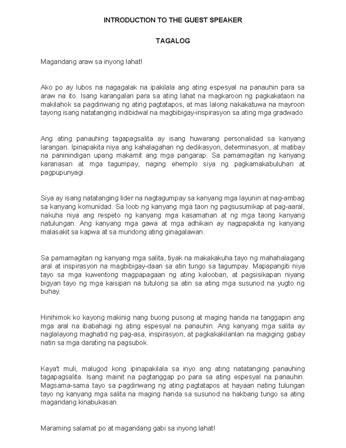 Panimula sa Natatanging Panauhing Tagapagsalita - Tagalog - Studocu