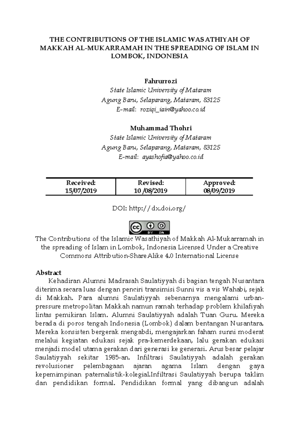 THE ROLE OF ISLAMIC WASATHIYAH FROM MAKKAH IN SPREADING ISLAM IN LOMBOK ...