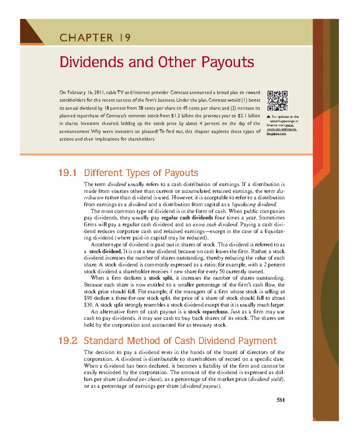 Corporate Finance 10 - Chapter 19: Dividends and Payout Types - Studocu