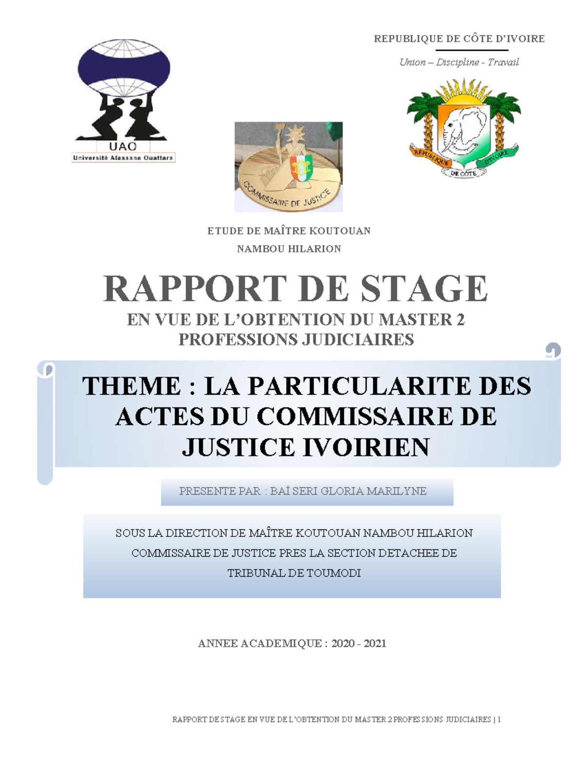 Rapport de Stage - Master 2 Professions Judiciaires - Maître Koutouan ...