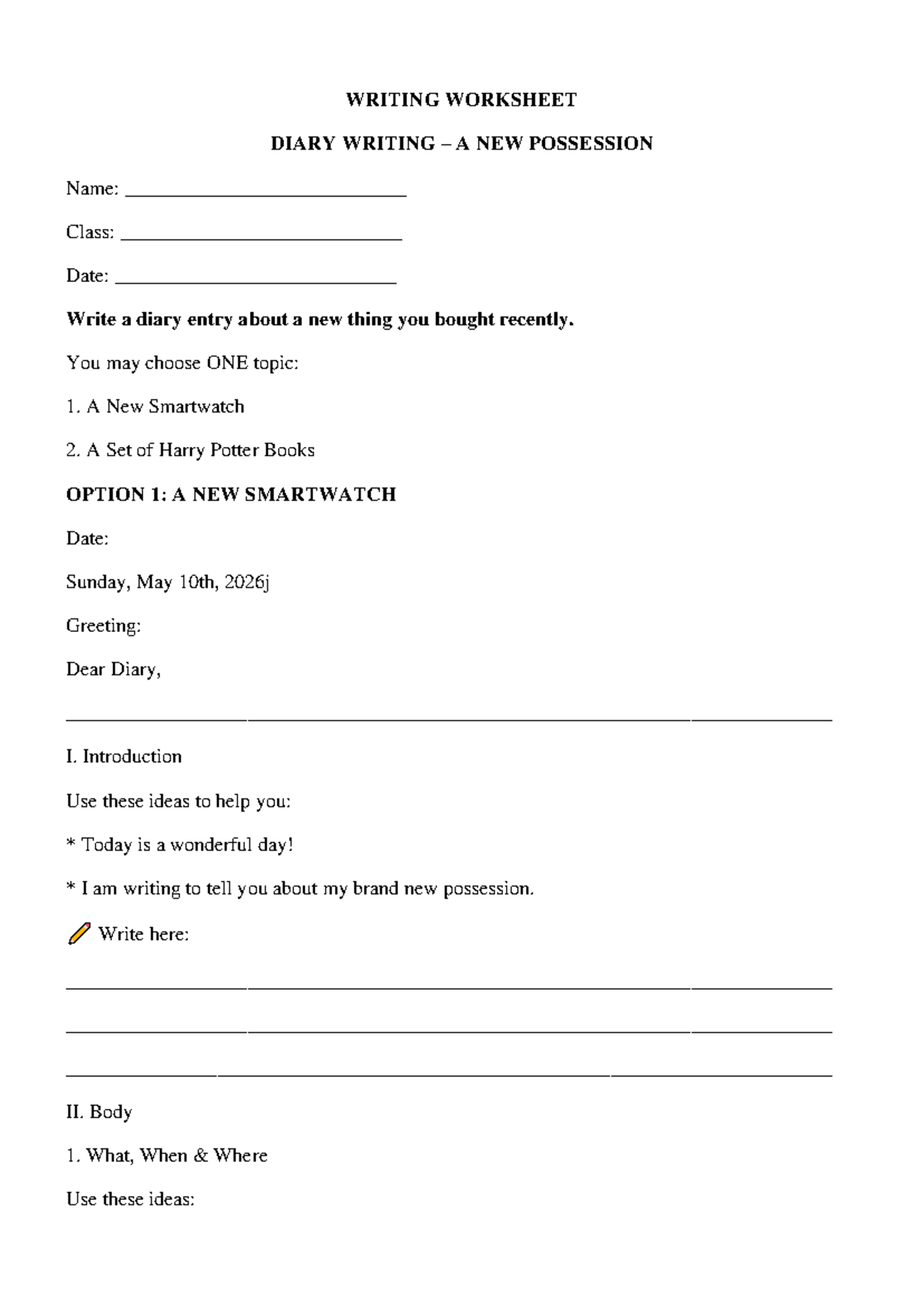 Writing Worksheet: Diary Entry on a New Possession - Studocu