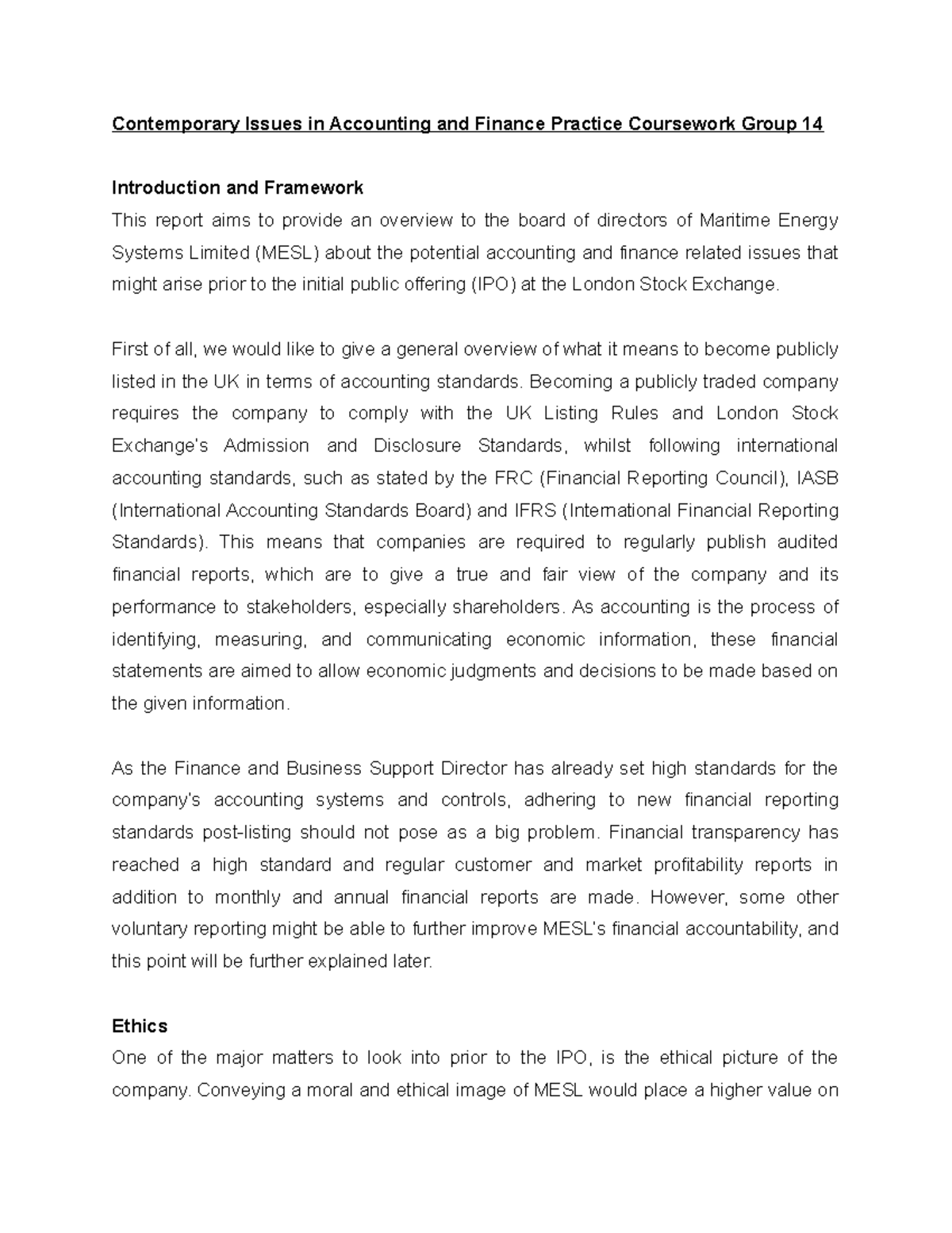 Contemporary Issues in Accounting & Finance (ACCT101) Coursework Report ...