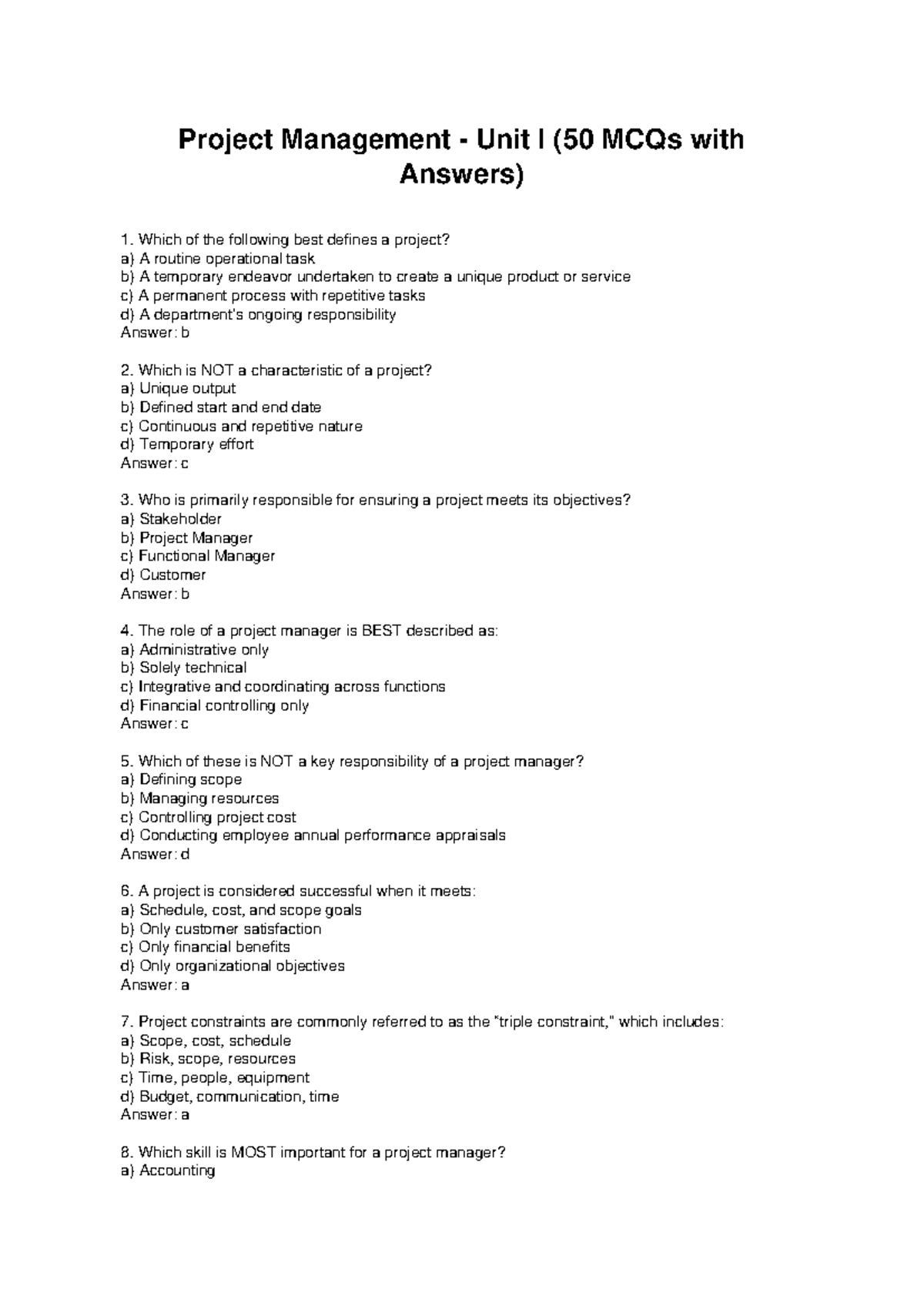 Project Management Unit I: 50 MCQs with Answers - Studocu