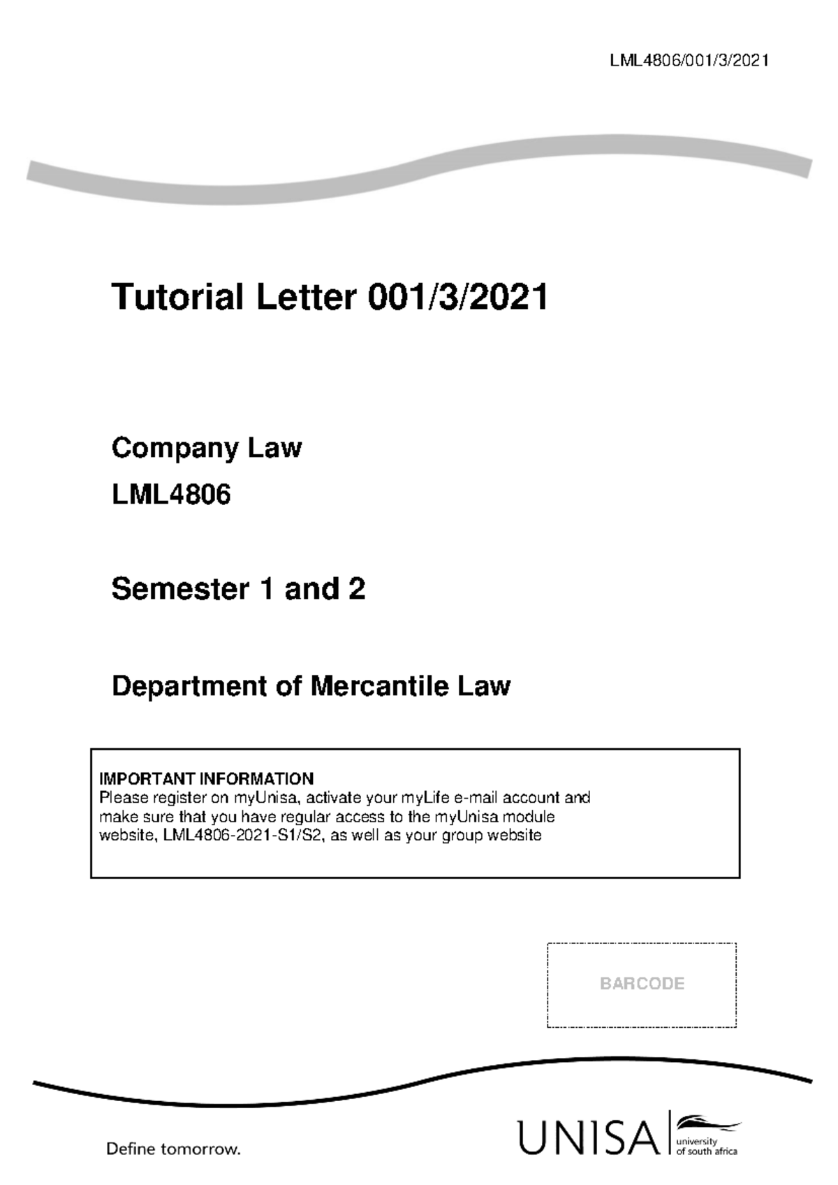 LML 4806 Study Guide - LML4806/001/3/ Tutorial Letter 001/3/ Company ...