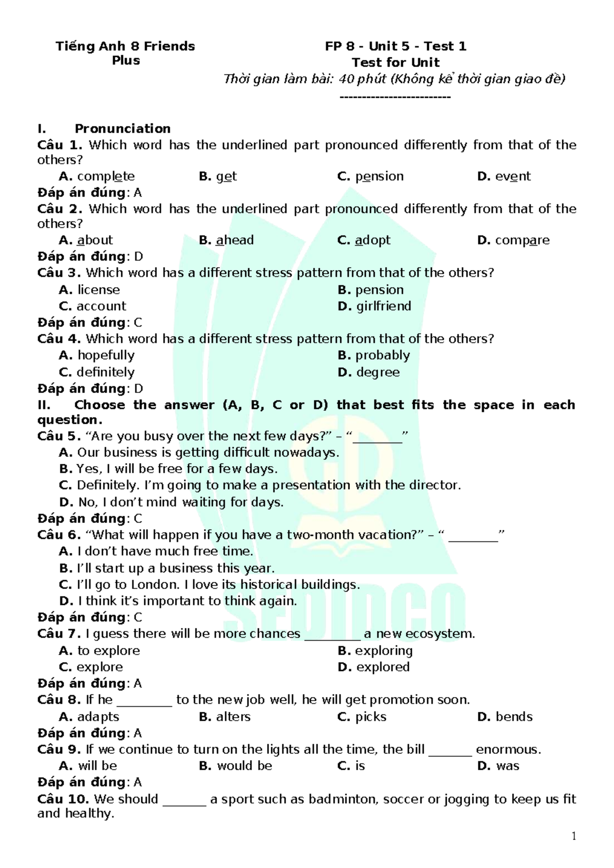 Bài Ôn Tập Học Kỳ II - Tiếng Anh 8 FP 8 Unit 5 Test 1 (Key) - Studocu