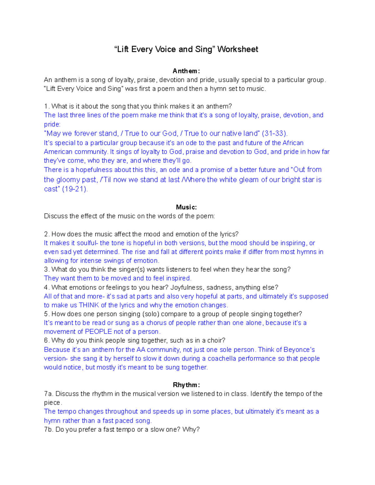 Key of “Lift Every Voice and Sing” Worksheet - “Lift Every Voice and ...