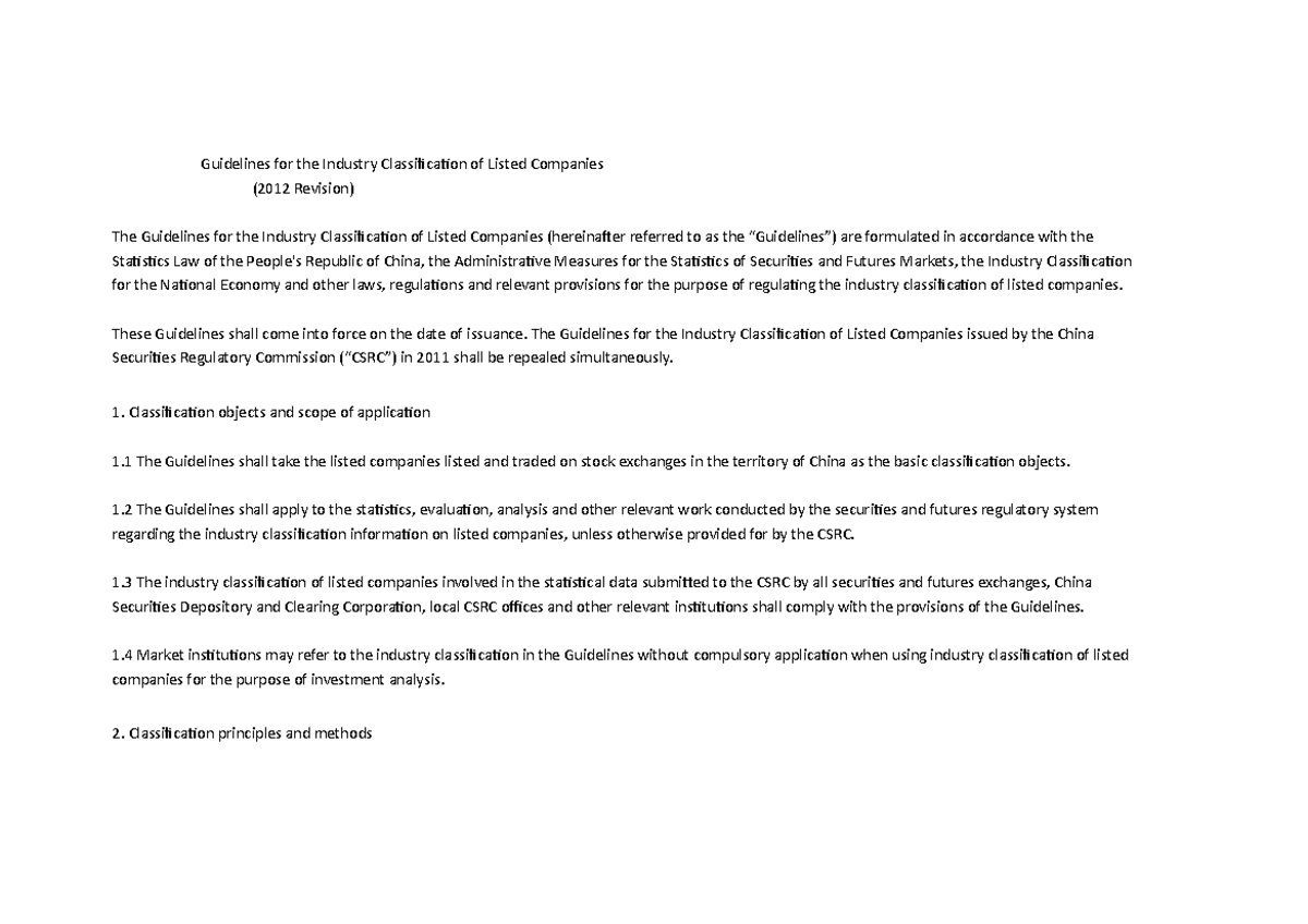 CSRC Industry Classification Guidelines - 2012 Edition - Studocu