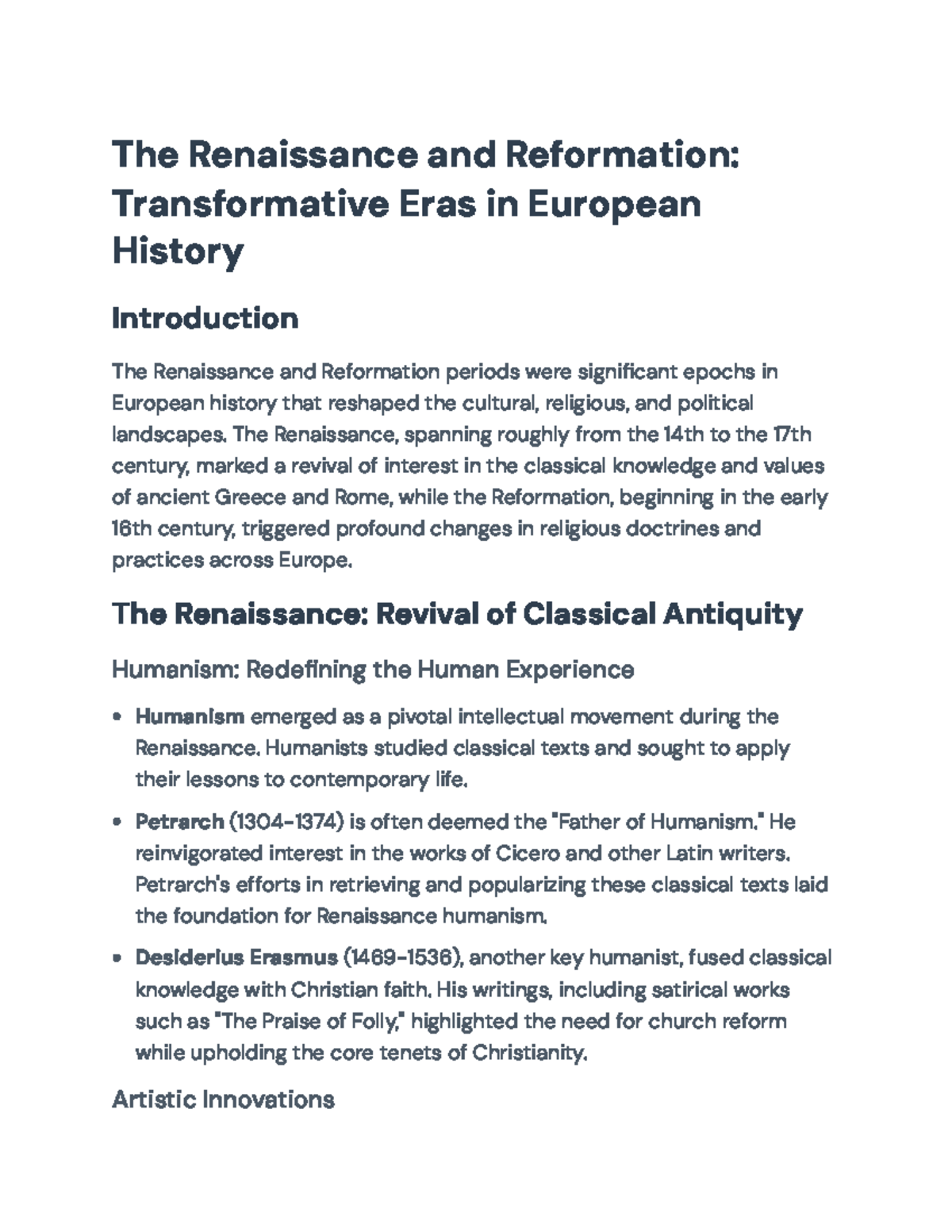 The Renaissance and Reformation: Key Transformations in European ...