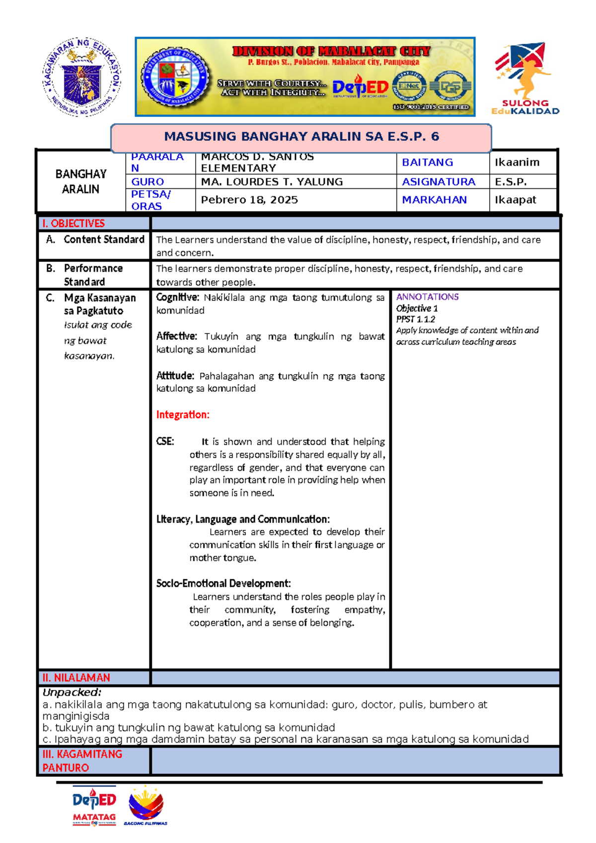 E.S.P. 6 Lesson Plan: Community Helpers and Their Roles - Studocu