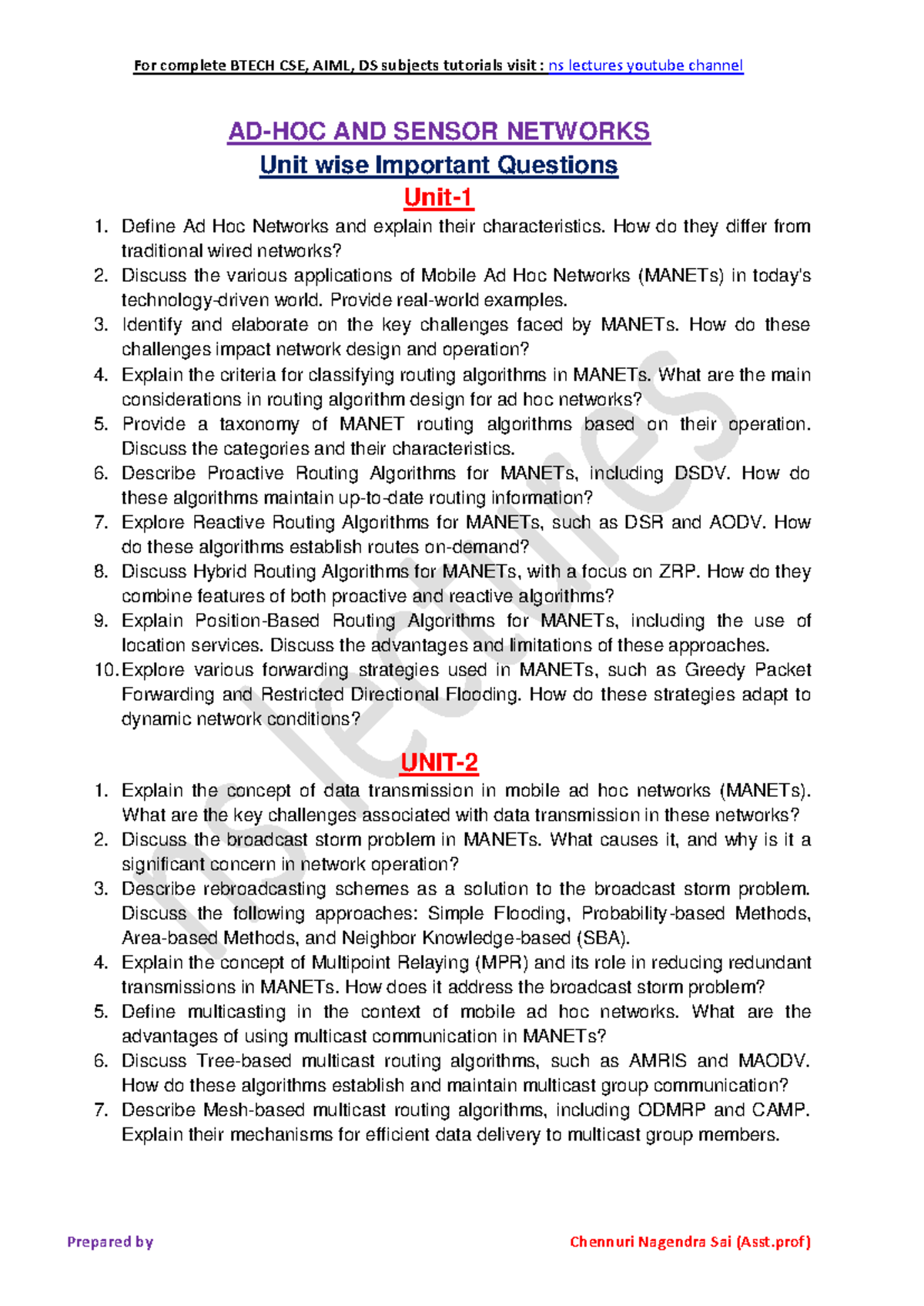 Ad Hoc And Sensor Networks Unit Wise Important Questions For Btech Cse