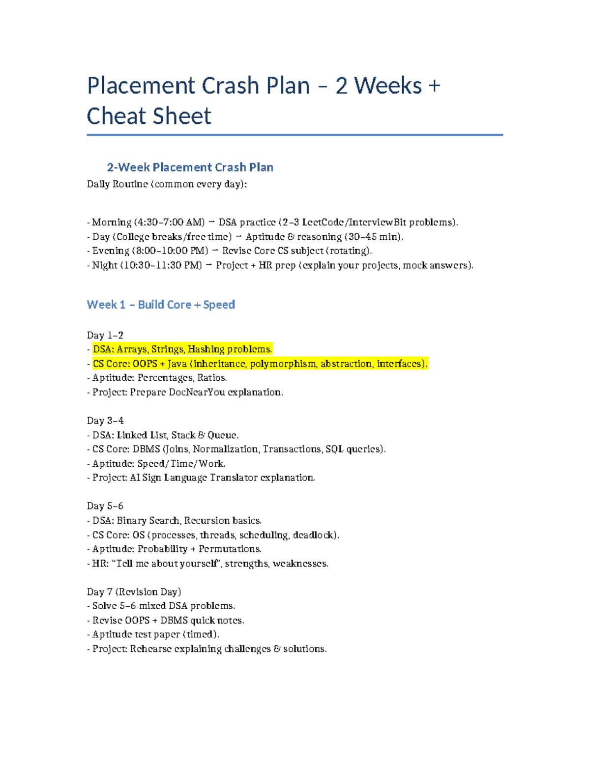 Placement Crash Plan: 2-Week Cheat Sheet for Interviews - Studocu