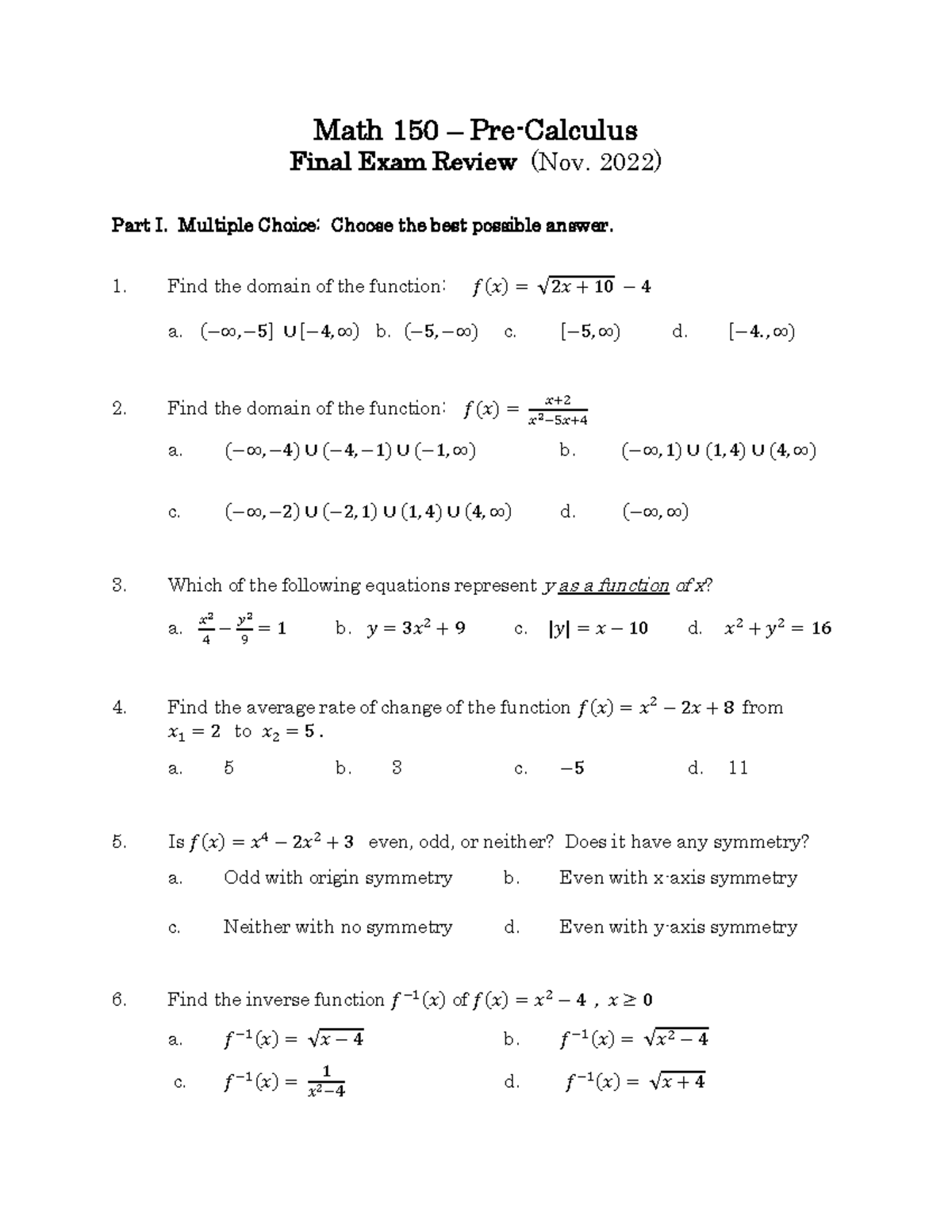 Math 150: Detailed Final Exam Review Notes for Pre-Calculus - Studocu