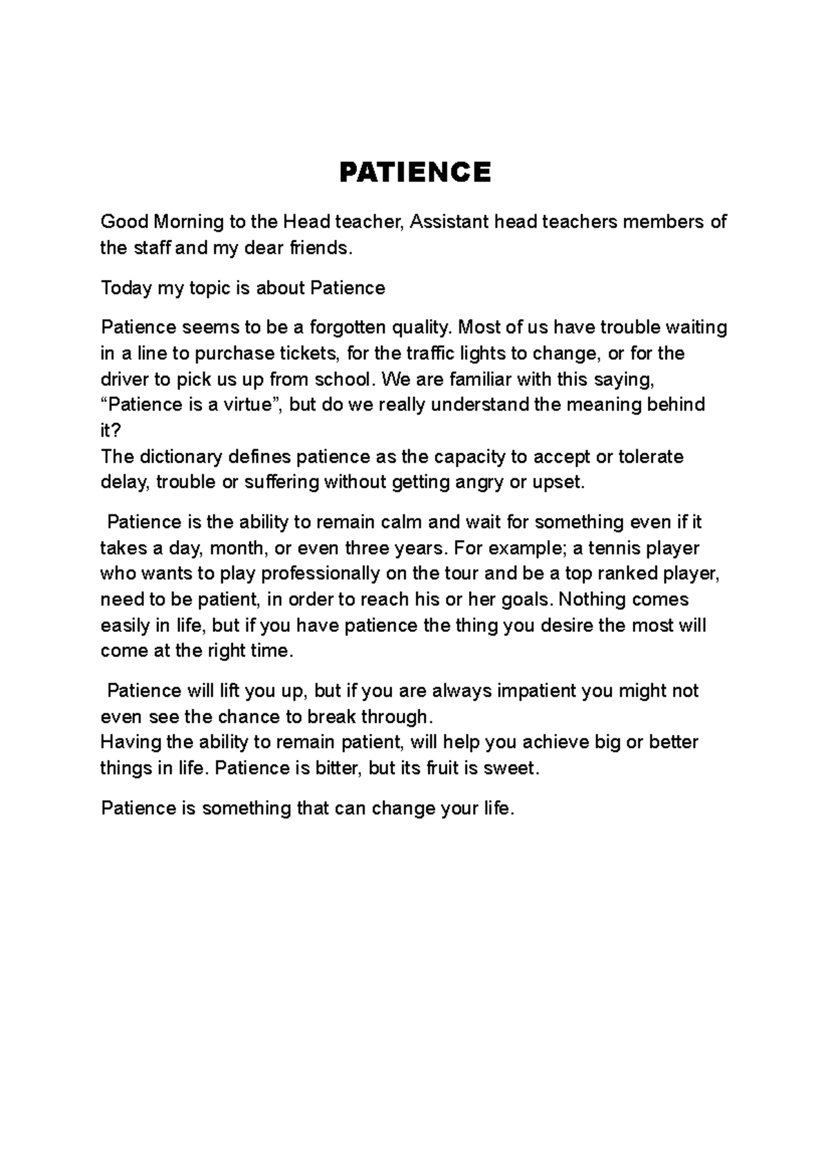 Patience: Inspiring Speech on the Value of Waiting - Studocu