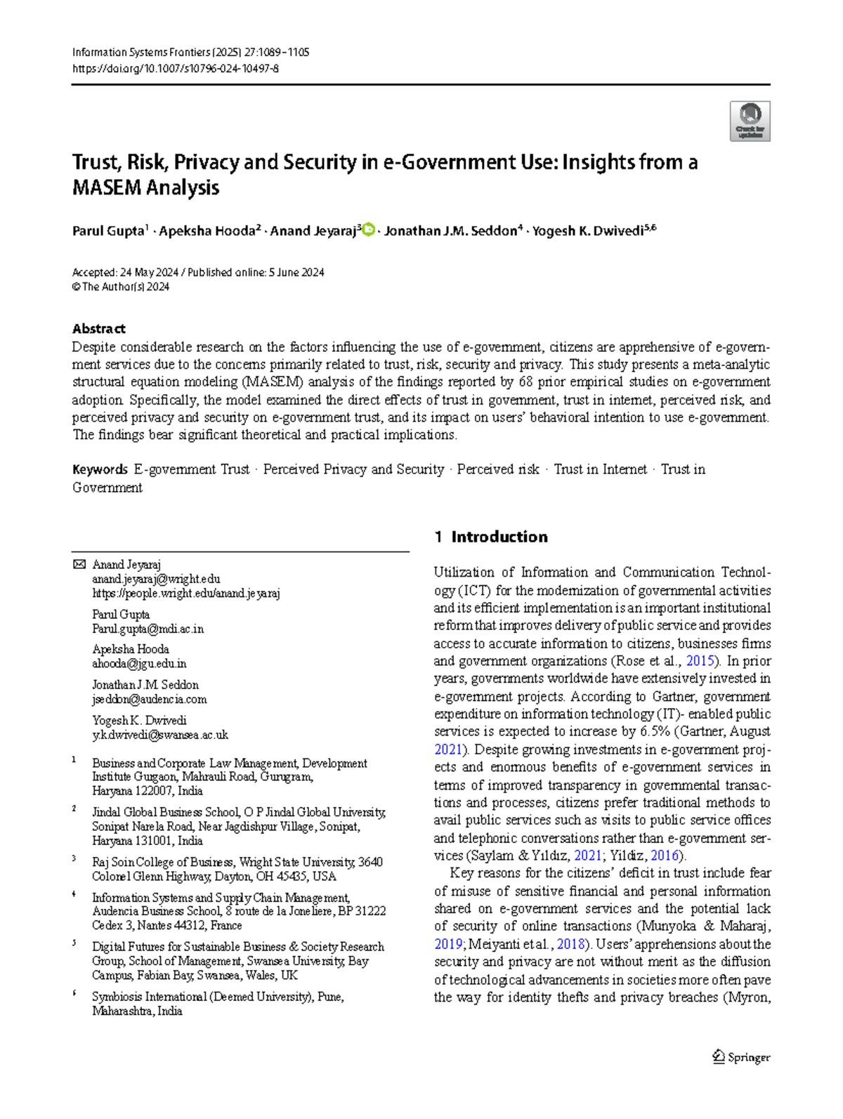 Trust, Risk, Privacy, and Security in E-Government Services: A MASEM ...