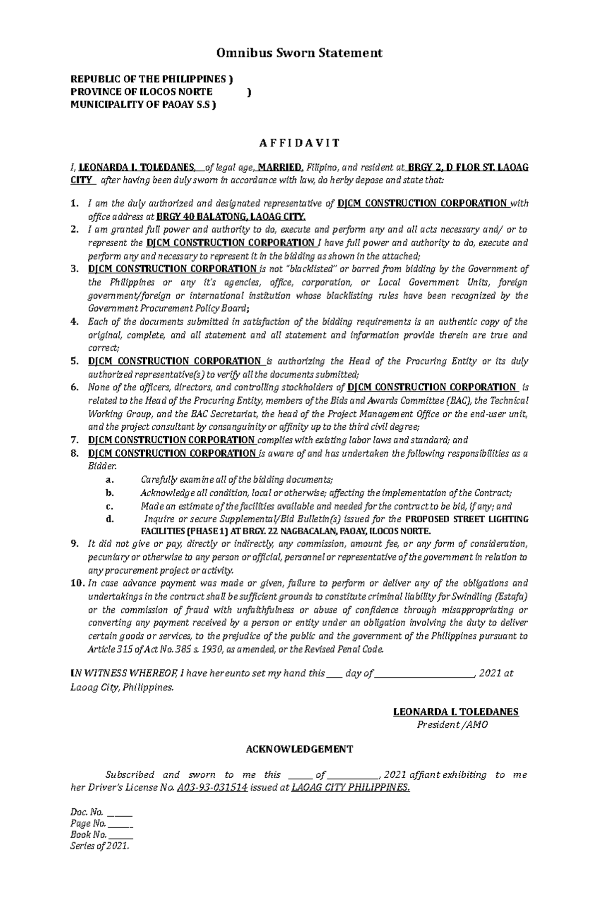 DPWH II Omnibus Sworn Statement - Omnibus Sworn Statement REPUBLIC OF ...