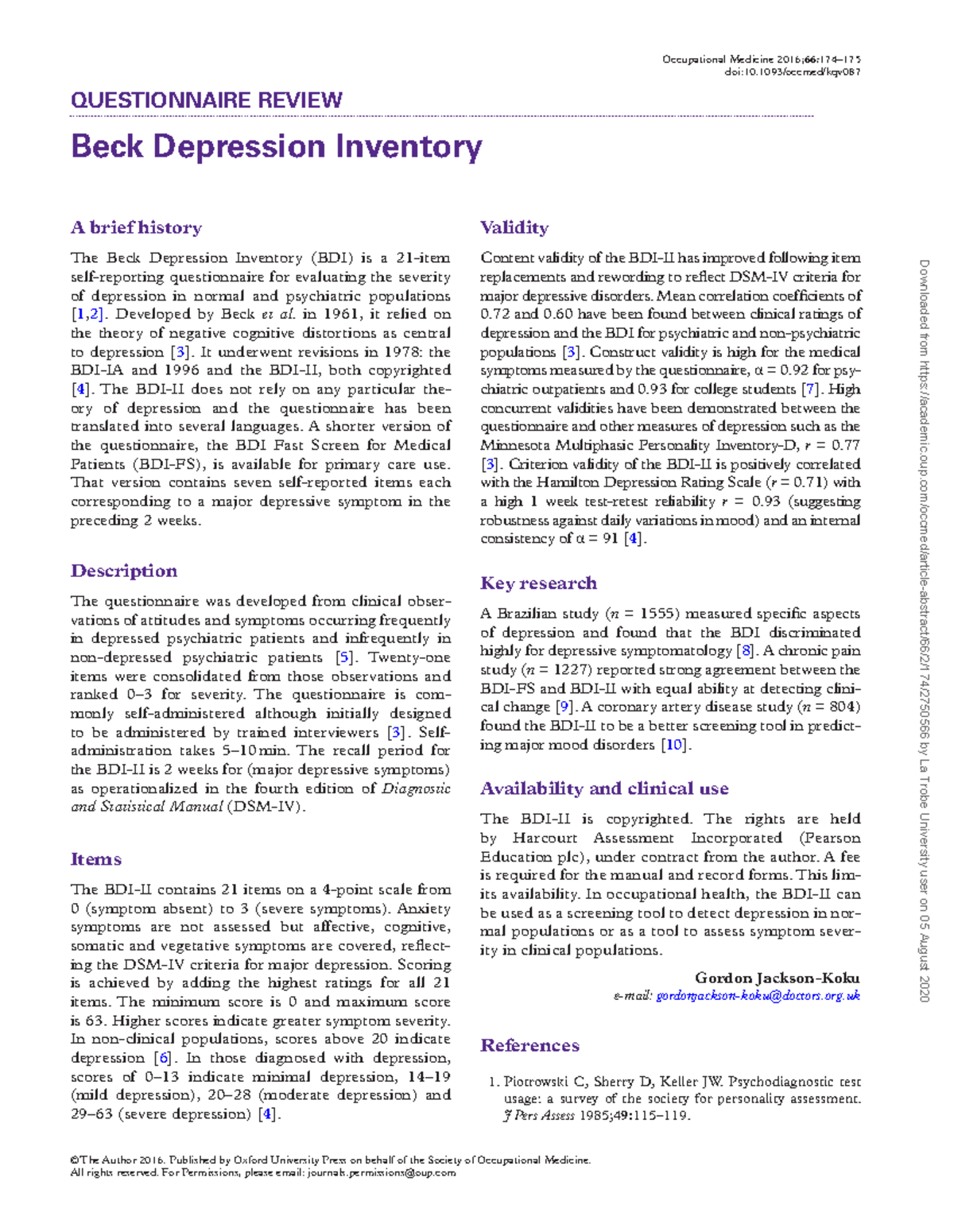 Beck Depression Inventory (BDI) Review - Questionnaire Insights - Studocu