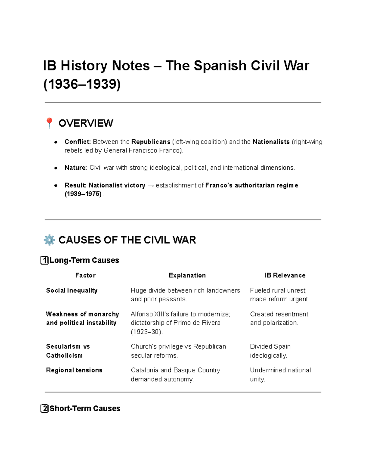 IB History Notes: Overview of the Spanish Civil War - Studocu