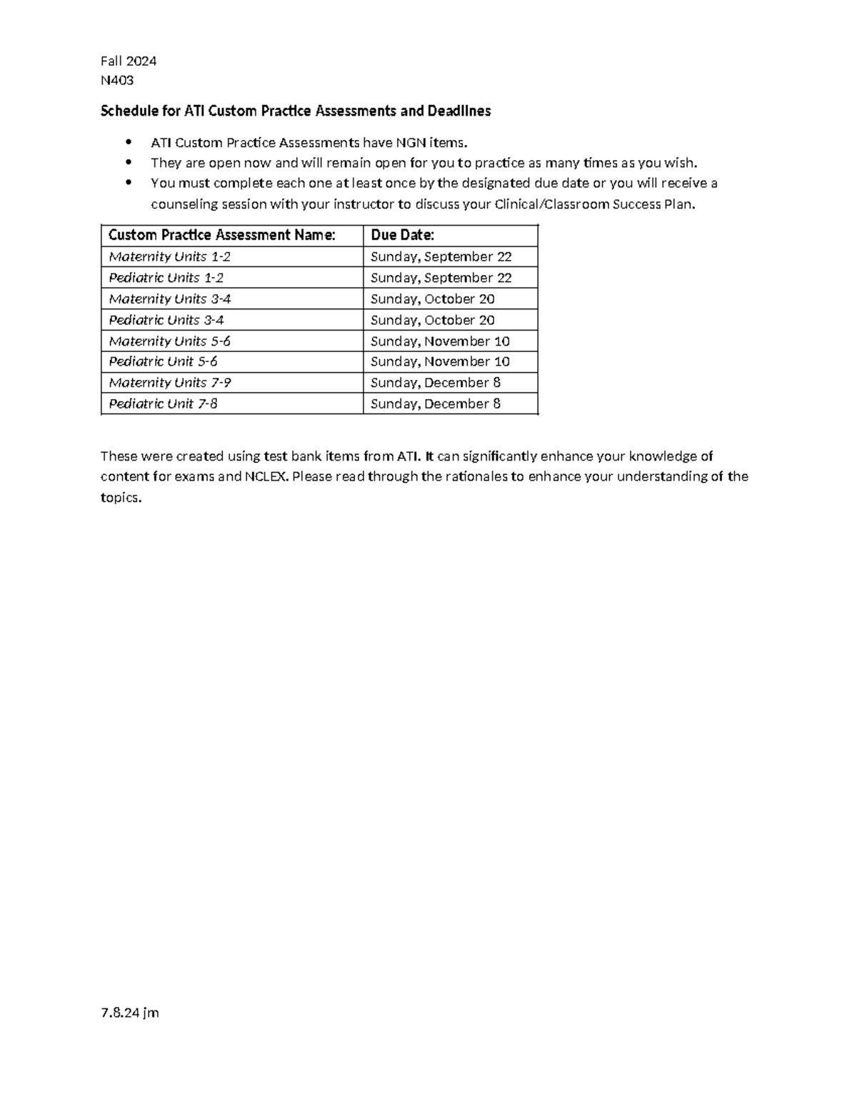ATI Custom Practice Assessments Schedule and Due Dates Fa24 - Fall 2024 ...