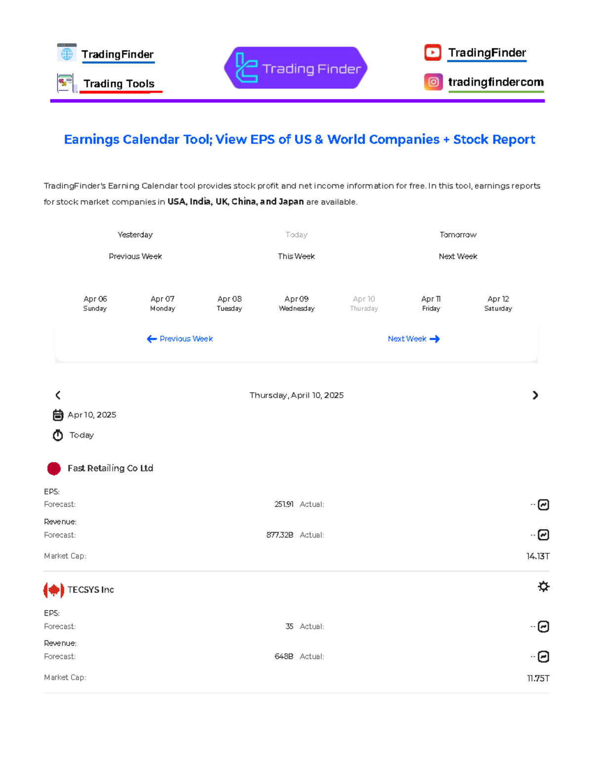 Earnings Calendar Tool; View EPS of US & World Companies + Stock Report ...