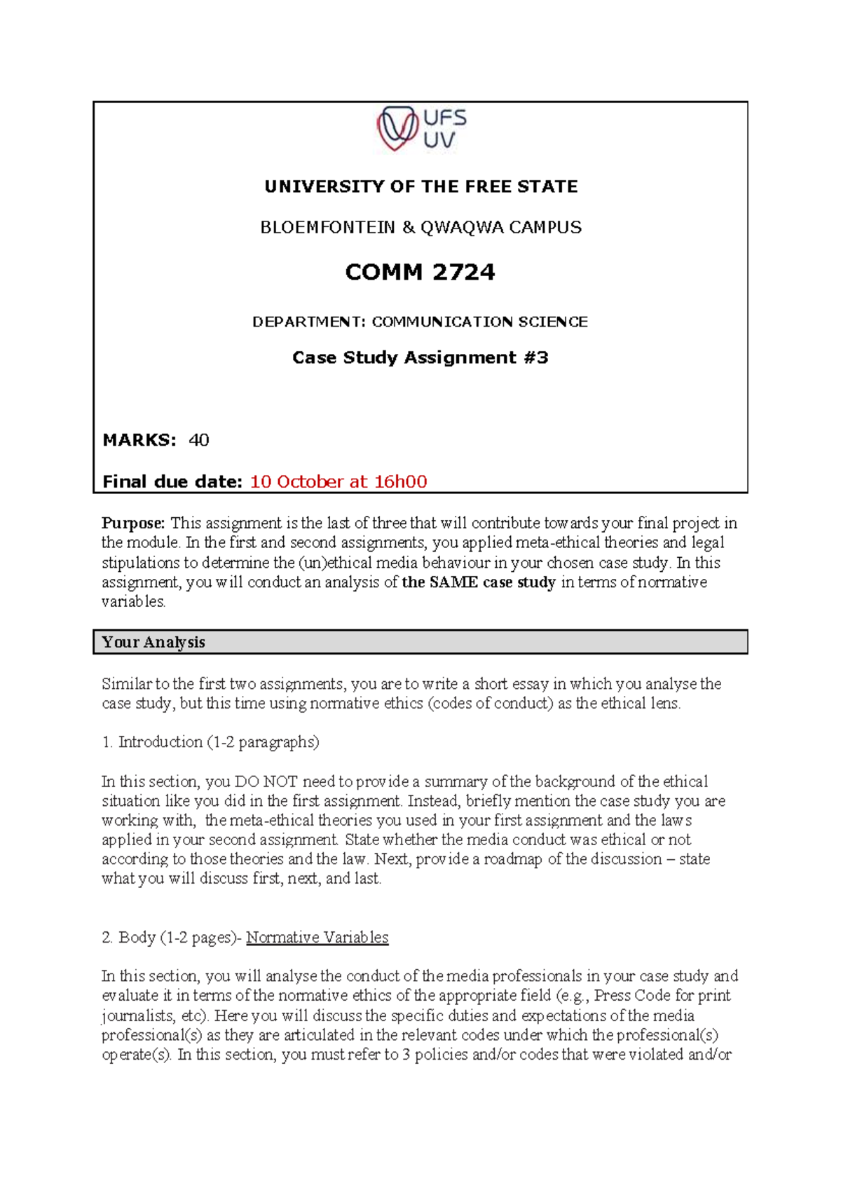 COMM 2724 Case Study Assignment 3: Normative Ethics Analysis - Studocu