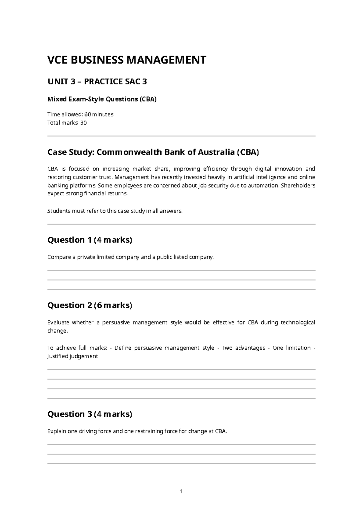 VCE BUSINESS MANAGEMENT UNIT 3 PRACTICE SAC 3 Mixed Exam Style - Studocu