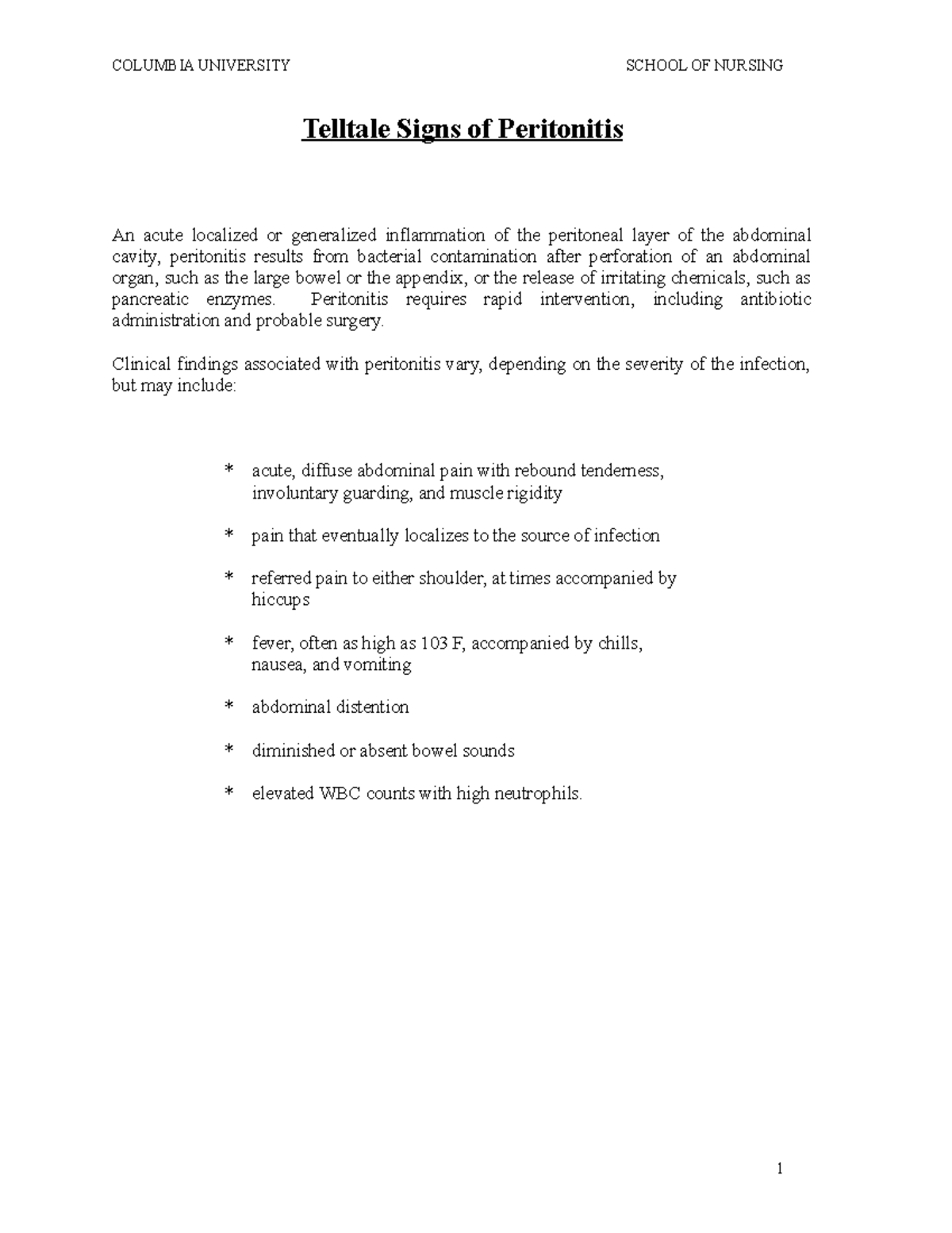 Telltale Signs of Peritonitis - COLUMBIA UNIVERSITY SCHOOL OF NURSING ...