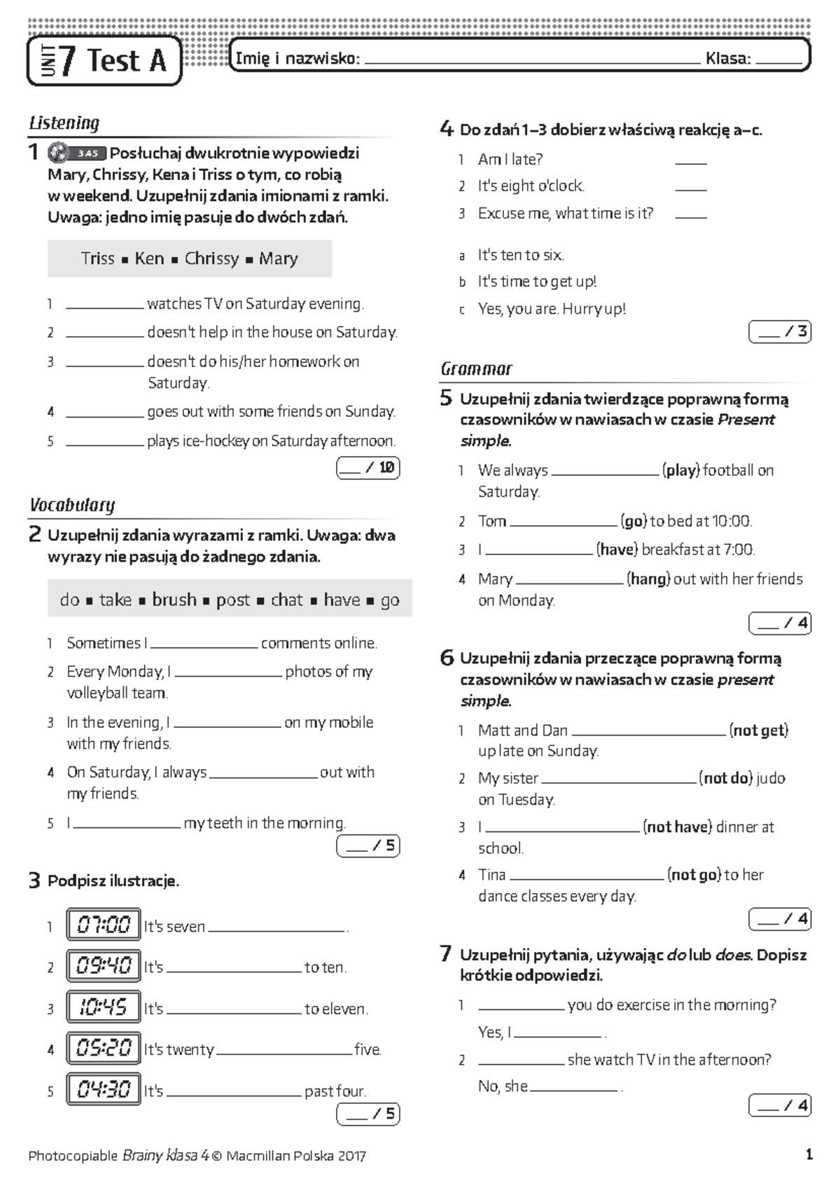 627251414 Brainy 4 Unit Test 7A Listening and Vocabulary Activities ...