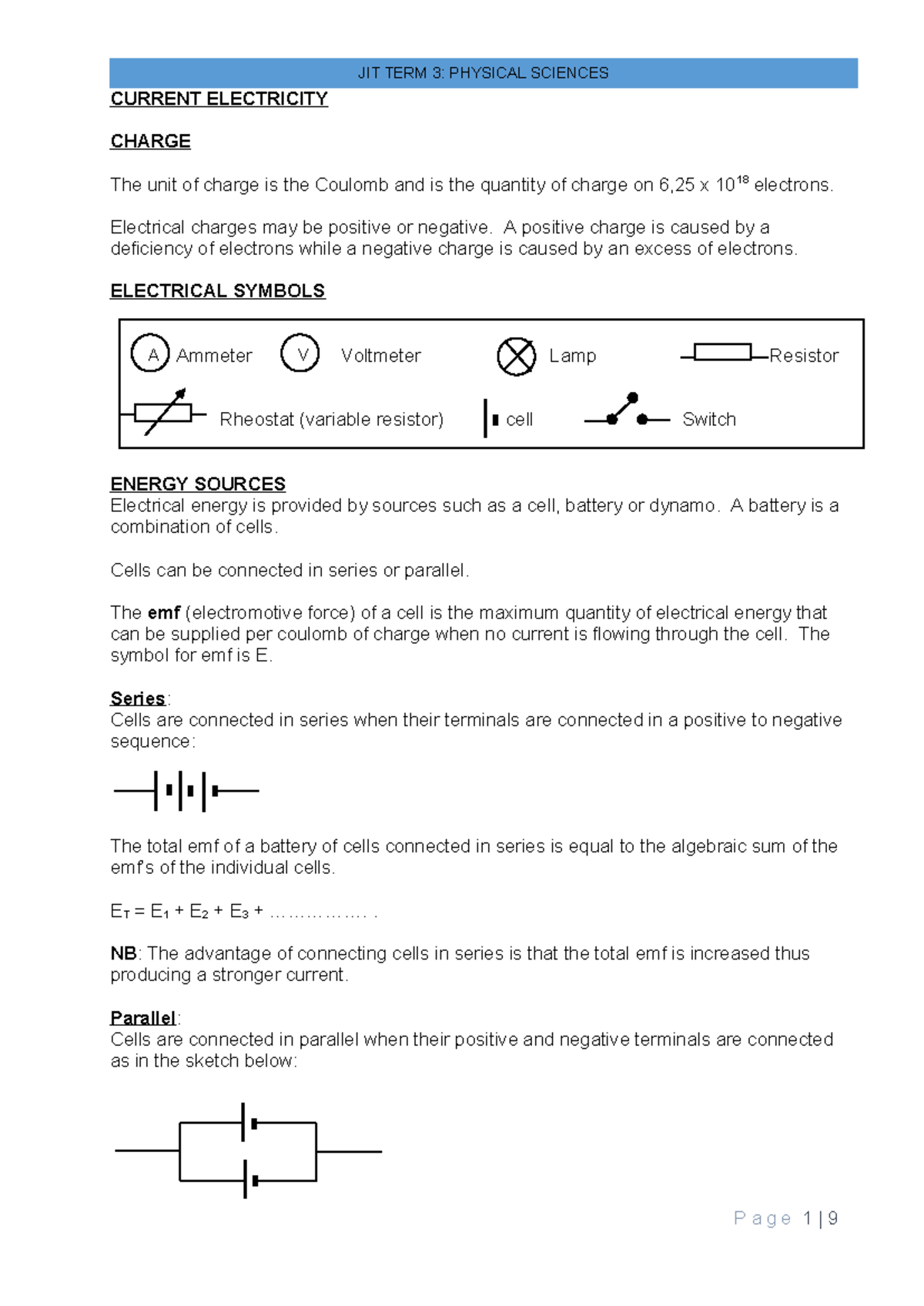 JIT - Electricity: Key Concepts and Formulas for Exam Preparation - Studocu