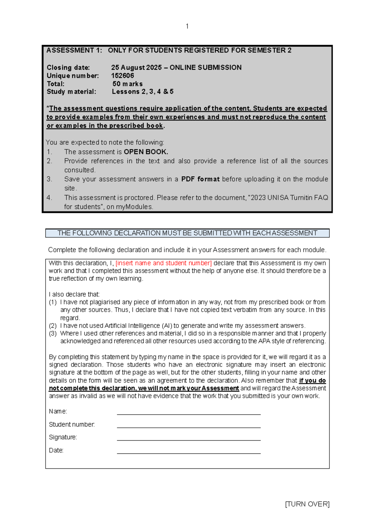 Assessment 1: Semester 2 Guidelines and Declaration Instructions - Studocu