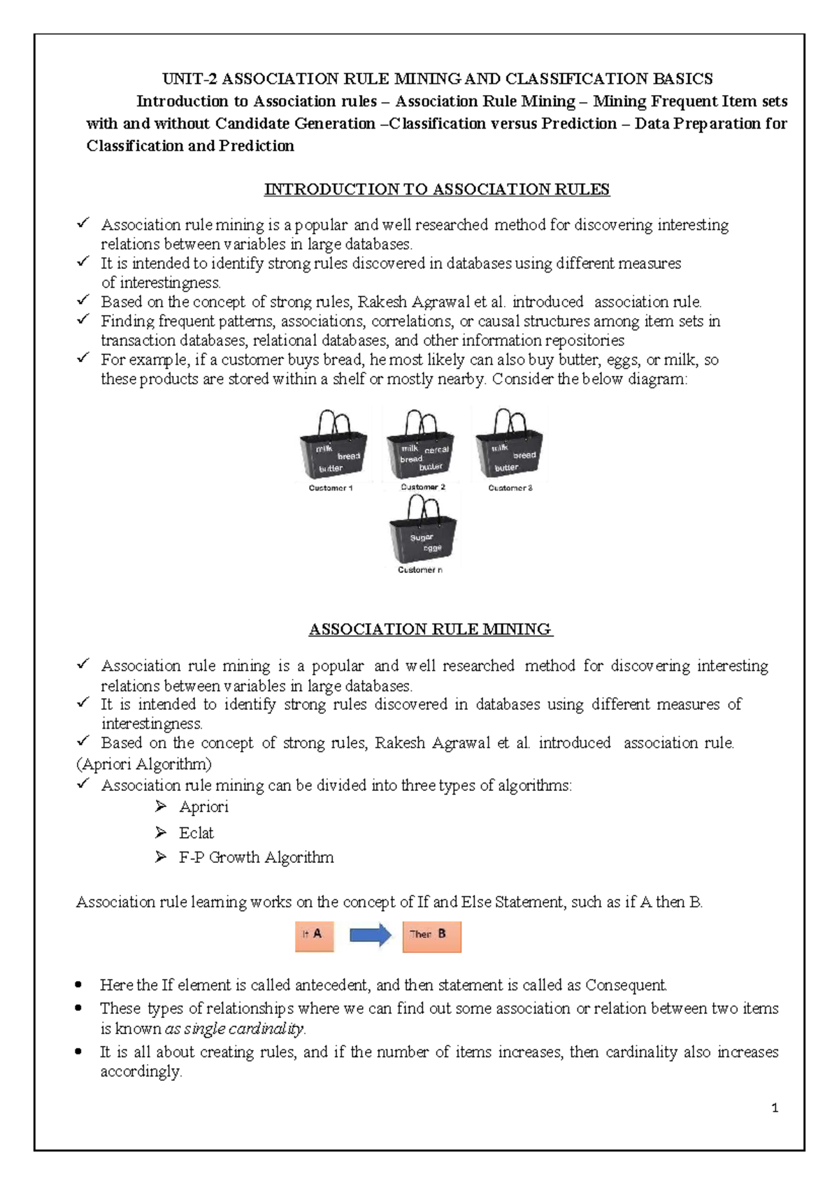 DMDW UNIT II: Basics of Association Rule Mining & Classification - Studocu