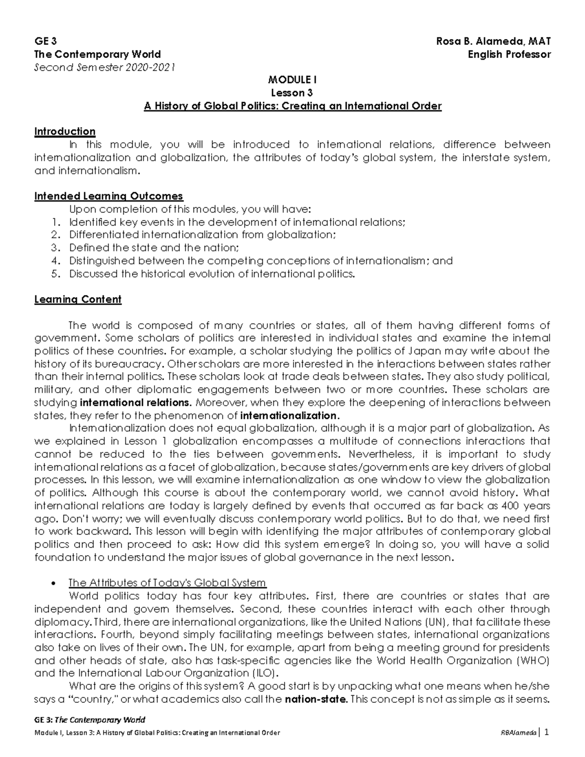 GE 3: The Contemporary World - Module 1 Lesson 3: Global Politics ...
