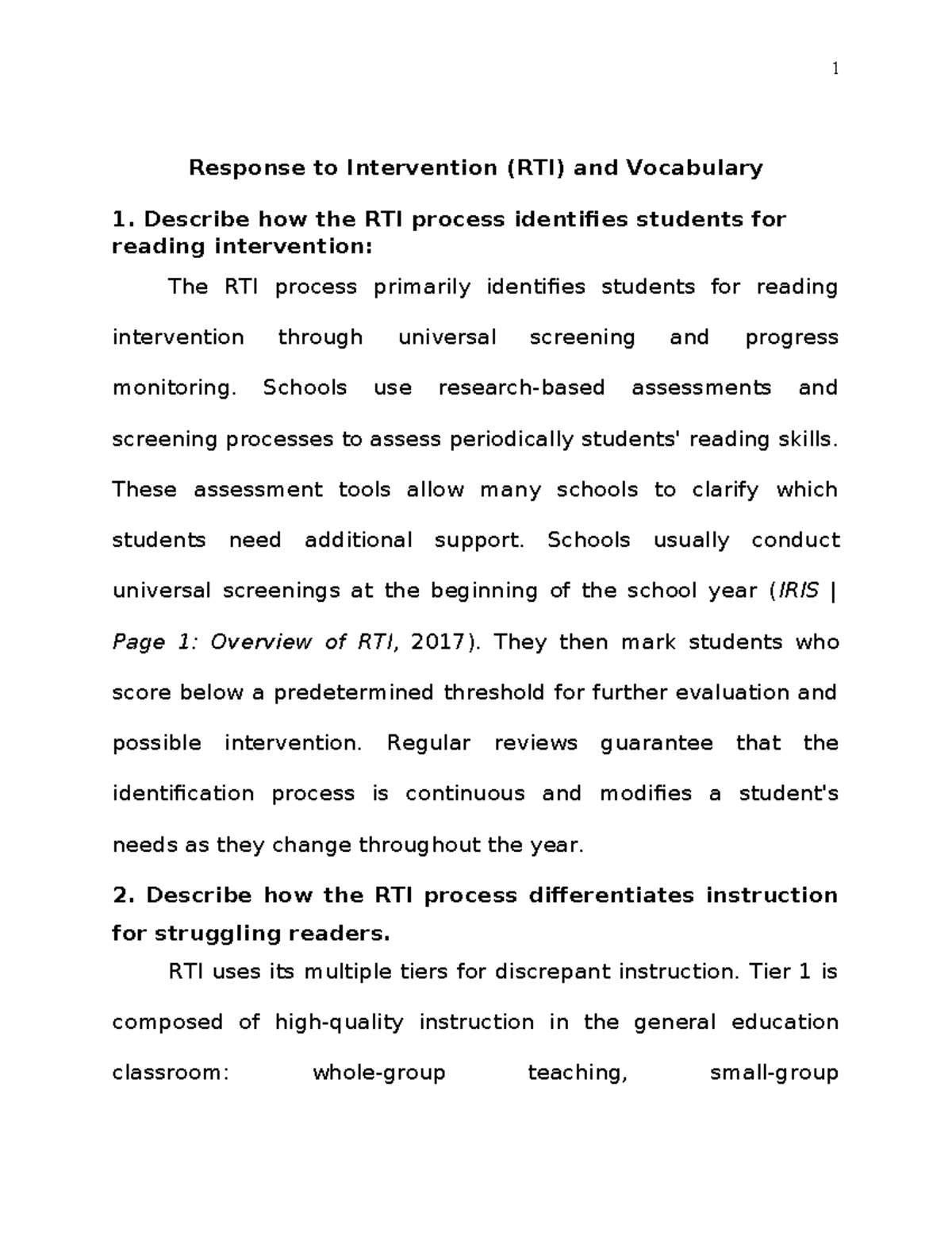 ESP 1- RTI - Response to Intervention (RTI) is one of many strategies ...