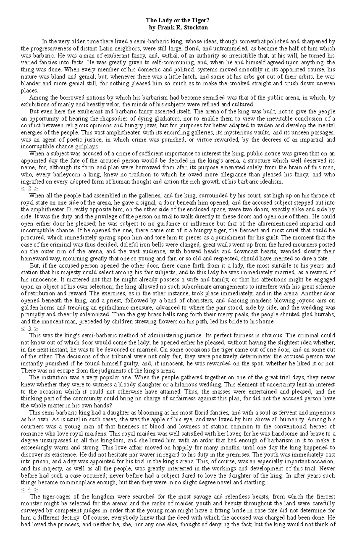 Inbound 8097123606359542215: Analysis of "The Lady or the Tiger?" by ...