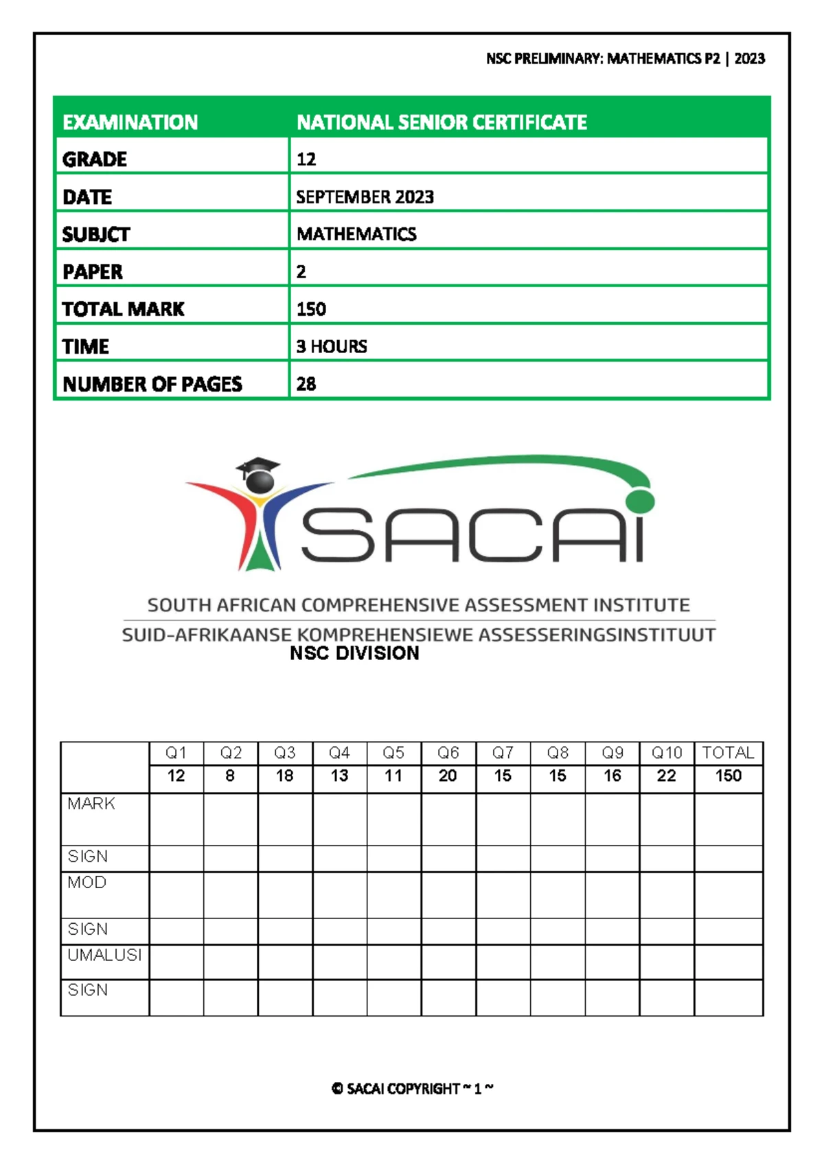 Maths P2 Marking Guidelines - Grade 12 Sept 2024 Memo - Studocu
