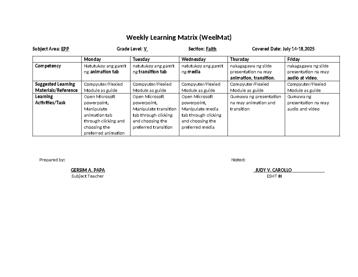 Weekly Learning Matrix (WeelMat) for EPP Grade V - Studocu