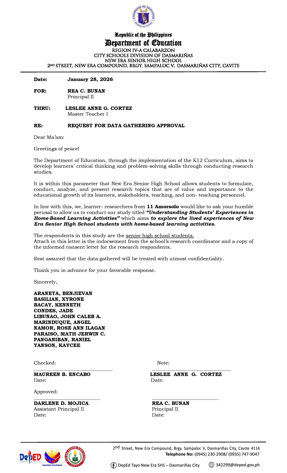Request Letter for Data Gathering Approval - 11 Amorsolo - Studocu
