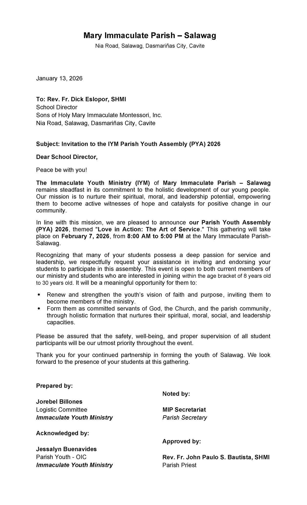 Invitation to the IYM Parish Youth Assembly (PYA) 2026 - Studocu