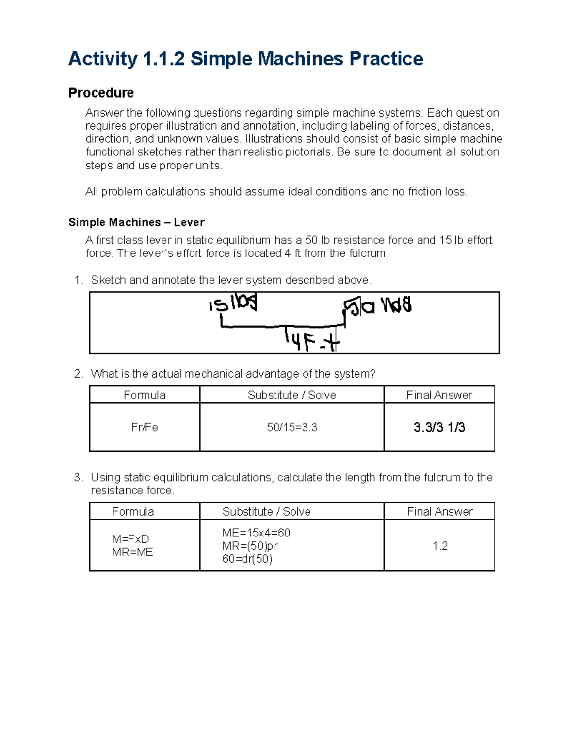 1 1 2 A Simple Machines Practice Problems 7 - Activity 1.1 Simple ...