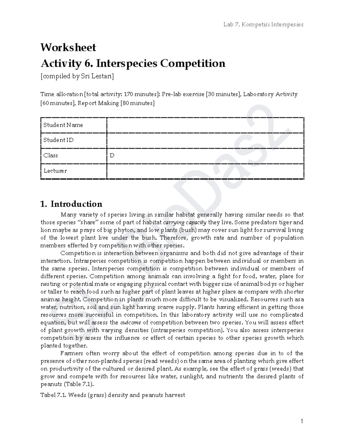 Lab 7: Interspecies Competition Worksheet Activity Report - Studocu