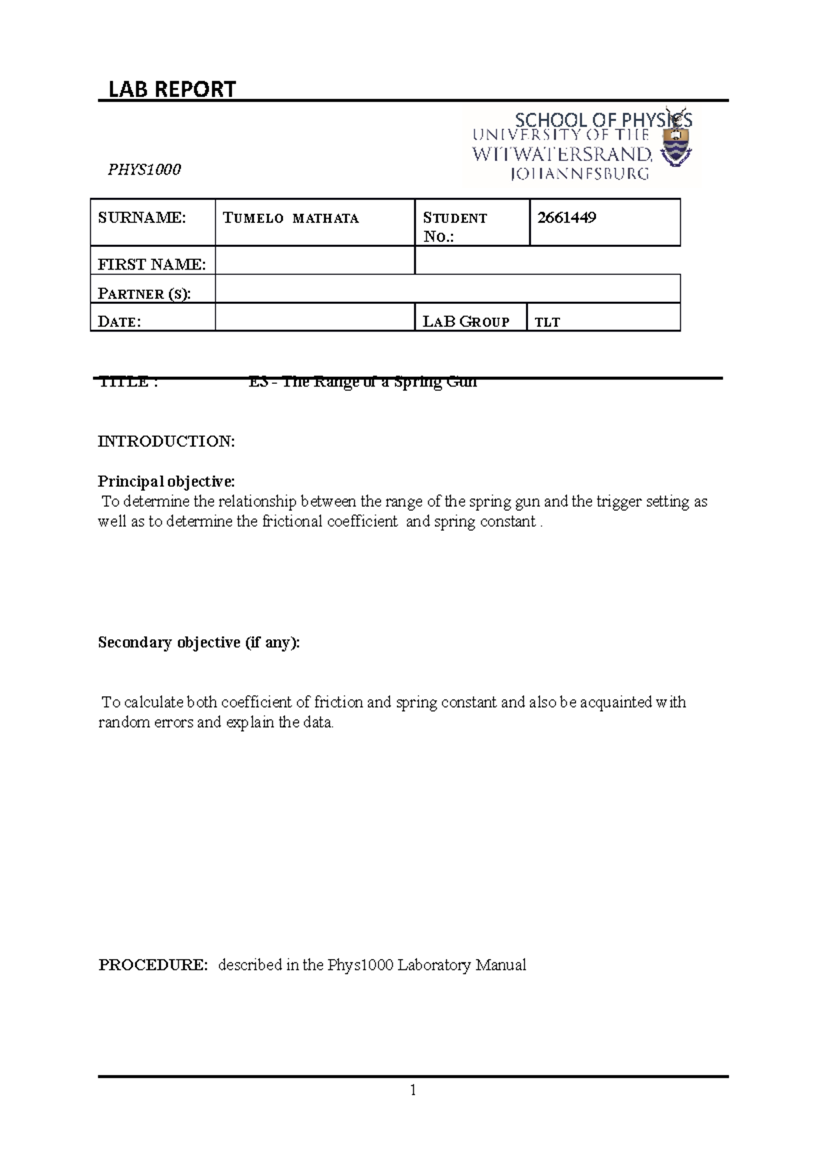 EXP03 - Spring Gun Lab Report: Examining Range & Spring Constants - Studocu