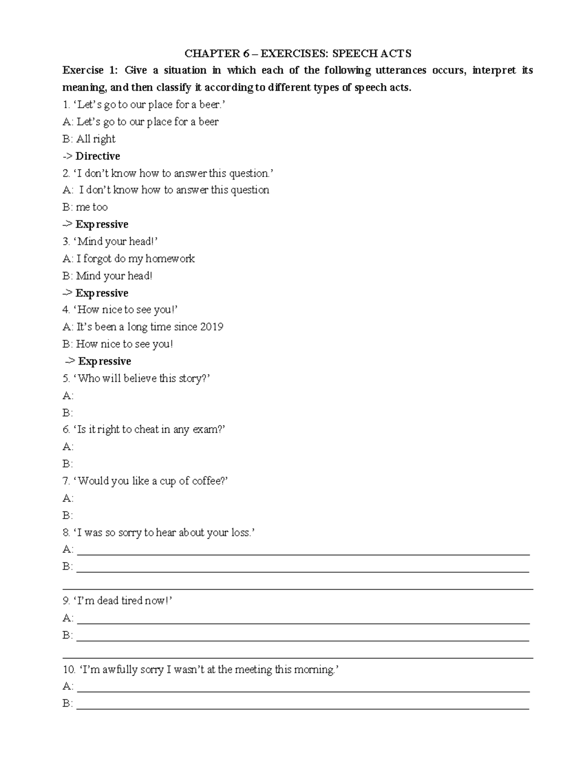 Exercises - Chapter 6: Analyzing Speech Acts in Conversations - Studocu