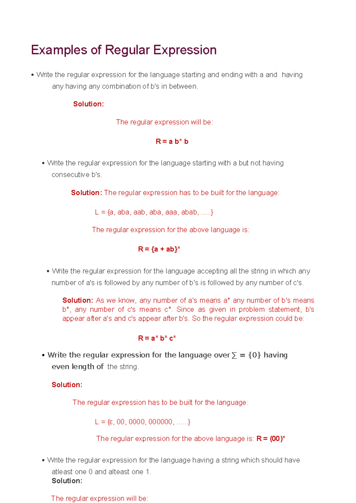 Regular Expression Exercises - TOC - Detailed Problem Solutions - Studocu