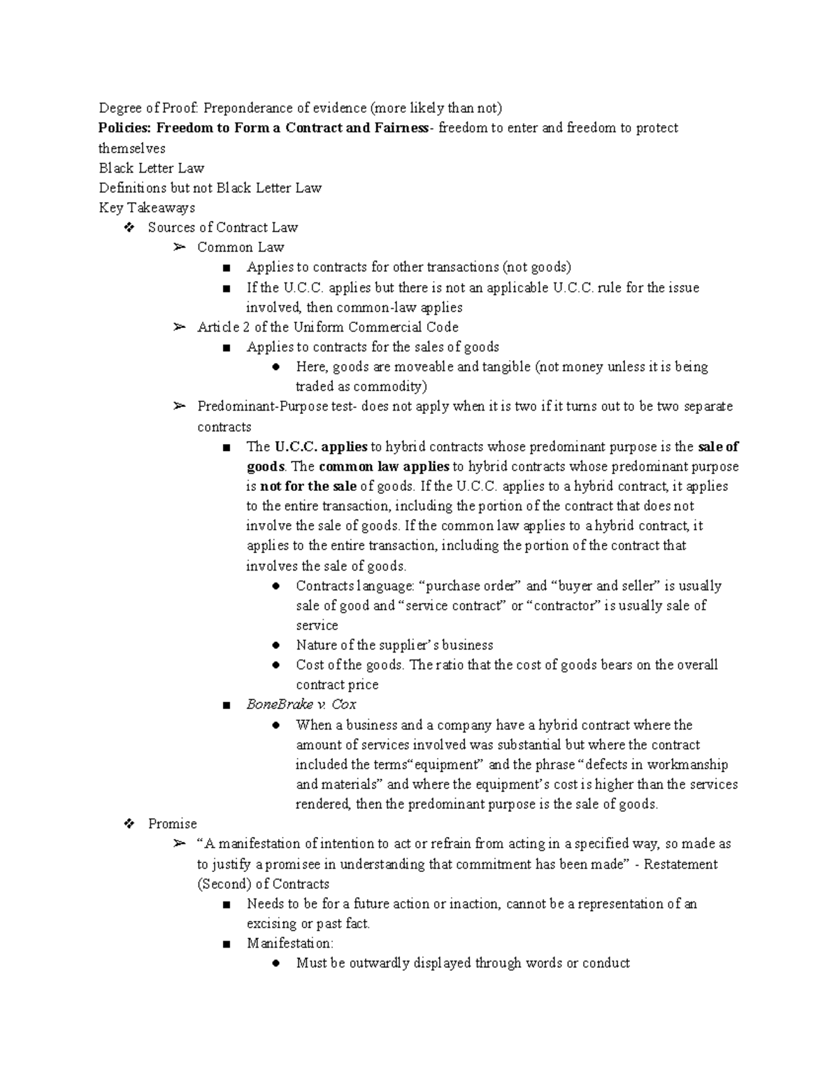 Contracts 1L Final Exam Outline: Key Principles and Cases - Studocu