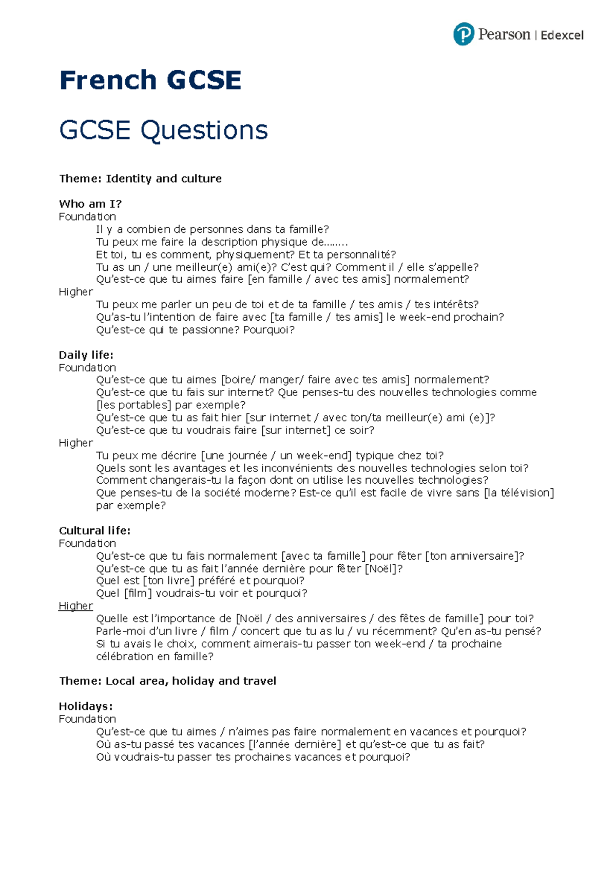 GCSE French Conversation Questions: Identity, Daily Life & More - Studocu